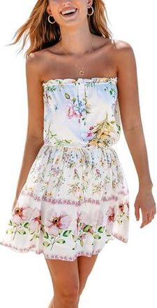 Cupshe Mini robe sans bretelles à volants sans manches à motif floral avec ceinture pour femme, robe dété 2025, blanc, Taille M