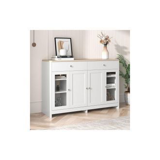 Liberte Buffet avec grain de bois blanc, quatre portes, avec deux tiroirs, porte vitr&eacute;e pour Salon et salle &agrave; manger