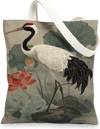 Generic Sacs fourre-tout en toile de grue artistique, sacs à provisions réutilisables, légers et lavables avec bandoulière, blanc, 13x15 Inch