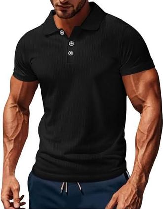 Generic Polo textur&eacute; pour homme - Couleur unie - Manches courtes - Col &agrave; revers - Coupe ample - Extensible - Costume pour un usage quotidien, Noir, XXL