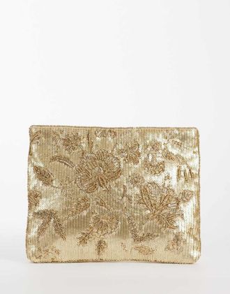 Accessorize Clutch in Gold-Optik mit Blumenstickerei und Rei&szlig;verschluss oben