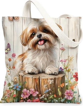 Generic Spring Shih Tzu Sac fourre-tout en toile pour faire du shopping 33 x 38,1 cm, sac d&eacute;picerie r&eacute;utilisable pour femme, motif animal de compagnie, d&eacute;cora