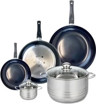 Fackelmann ELO 9747350 Batterie de cuisine 5 pi&egrave;ces, Ensemble de 3 Po&ecirc;les de cuisson 20, 28 et 32 cm et 2 faitouts 12 et 24 cm Elo Prima Brillant, inox, inductio