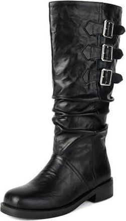 Generic Bottes déquitation montantes pour femme avec boucle de ceinture, talon bas et bout carré, à enfiler, chaussures gothiques, Noir, 37.5 EU