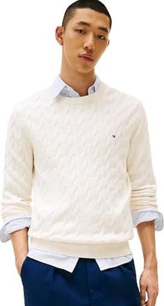 Tommy Hilfiger Cable Knit Crewneck Sweater Lightweight Pullover Pull-Over, P&eacute;tale Ivoire, S Homme