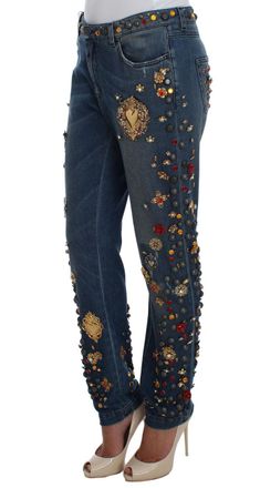 Dolce & Gabbana Womens Crystal Roses Heart Embellished Jeans Blue Viscose Clothing
