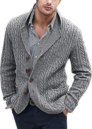 Generic Cardigan en tricot torsad&eacute; pour homme - Col ch&acirc;le - Manches longues - L&eacute;ger - Couleur unie - Automne et hiver - Veste en tricot chaud avec poche d&eacute;con