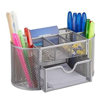 Relaxdays Schreibtischorganizer, B&uuml;roablage mit Stiftehaltern & Schublade, Metall Mesh, HBT: 10,5 x 22 x 11 cm, silber