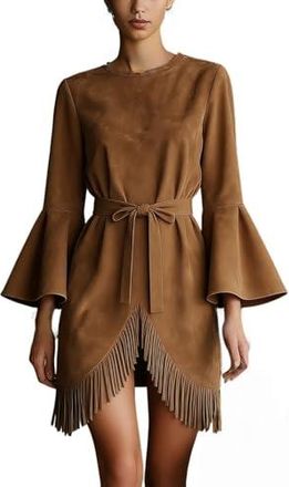 Generic Robe &agrave; franges irr&eacute;guli&egrave;res pour femme - Manches &eacute;vas&eacute;es - Col rond - Style western vintage - Avec ceinture, caf&eacute;, XXL
