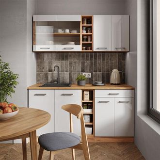 Vicco Singlek&uuml;che R-Line, Wei&szlig; Hochglanz/Goldkraft Eiche, 160 cm ohne Arbeitsplatte