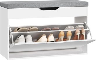 Woltu 3-in-1 Schuhbank mit Sitzfläche, für Flur Schlafzimmer Wohnzimmer, Schuhschrank mit Sitzbank, Klappschublade mit 2 Etagen, bis 145 kg belastbar, 80x51