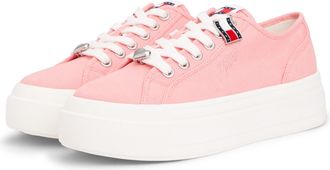 Tommy Jeans Plateausneaker TOMMY JEANS TJW FLATFORM SNEAKER CHARMS, Damen, Gr. 35, rosa, Baumwolle, unifarben, Schuhe Plateausneaker, Halbschuh, Schn&uuml;rer, Freizei