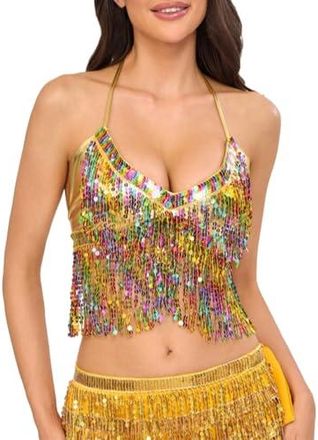 Generic Haut &agrave; paillettes pour femme avec franges, dos nu, soutien-gorge pour festival, danse du ventre, costume