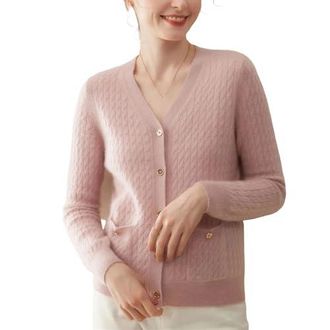 Generic Cardigan dhiver en cachemire pour femme, col en V, petit style parfum&eacute;, veste amincissante en tricot, rose, Taille XS