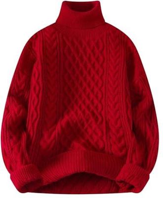 Generic Pull à col roulé pour femme - Pull dhiver chaud en tricot torsadé à col roulé - Pull de vacances confortable et doux au crochet, Rouge, XL