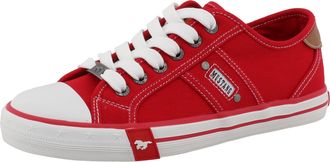 Mustang Jeans Sneaker MUSTANG SHOES Winona, Damen, Gr. 37, rot, Baumwolle, Schuhe Sneaker, Freizeitschuh, Halbschuh, Schn&uuml;rschuh mit seitlichem Logoschriftzug