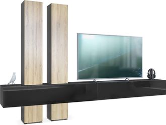 Vladon Wohnwand Moja, Made in Germany, Schwarz matt & Schwarz/Eiche Natur - Moderne Anbauwand für Ihr Wohnzimmer (BxHxT) 330 x 204 x 39 cm