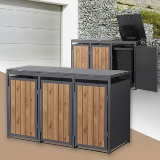 ML Design ML-Design M&uuml;lltonnenbox 3er, M&uuml;lltonnenverkleidung Anthrazit-Holzoptik f&uuml;r 3 Tonnen, 240L, 196x80x120 cm, aus Stahl, M&uuml;llbox wetterfest mit Klappdecke