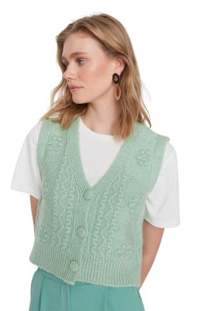Trendyol Damen Neo strikning detalje V-hals knap triko syveter Sweater, Mint, M EU