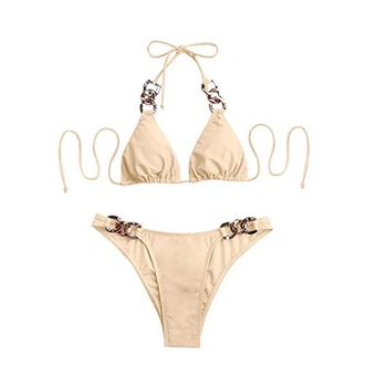 Generic Maillot de bain pour femme taille haute 2 pi&egrave;ces maillot de bain basique push up triangle plage maillot de bain femme dos nu piscine bikini bas, beige