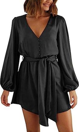 Generic Robe courte en satin à manches longues bouffantes pour femme - Col en V - Robe de soirée courte avec ceinture - Bleu, b, XL