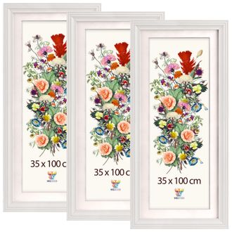 MG Design 3er Bilderrahmen 35 x 100 cm - Posterrahmen mit Wei&szlig; Echtholz-Zierprofil und bruchsicherem Acrylglas, mit Passepartout, Hoch & Quer mit verst&auml;rkter Wa
