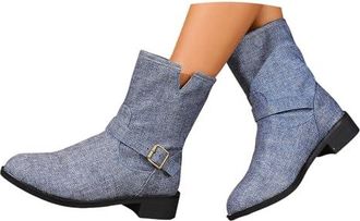 Generic Bottes de cowboy pour femme - Bottes mi-mollet plates pour femme - Coupe large - En daim - Bottes mi-mollet à enfiler avec boucle - Confortables - Cha