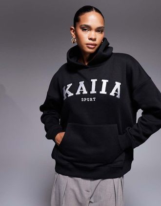 KAIIA Sweat &agrave; capuche densemble oversize sport en coton m&eacute;lang&eacute; avec logo brod&eacute; - Noir et cr&egrave;me