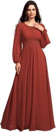 Ever-pretty Robe Demoiselle dhonneur Femme Longue Manches Longues Col Rond Mousseline Chic Vermillon 46