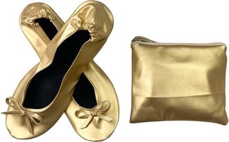 Minetom Damen M&auml;dchen Faltbare Ballerina Bequem Flache Ballerinas Casual Komfort Weich PU Leder Party Hochzeit Schuhe mit Tragetasche A Gold 42/43 EU