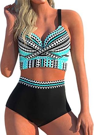 Minetom Femme Boho Vintage Deux Pièces Push Up Bikini Set Ensemble Imprimé Floral Maillots de Bain Taille Haute Triangle Swimwear I Bleu XXL