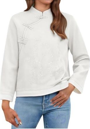 Generic Hauts en coton et lin pour femme - Broderie florale vintage - Bouton grenouille chinoise - Manches 3/4 - Chemises d&eacute;contract&eacute;es, blanc, XXL
