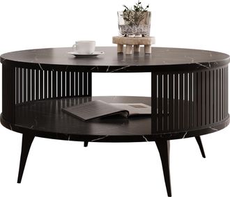 Mirjan24 Couchtisch mit Ablage Rajkon, Runde Form, Metallbeine, Kaffeetisch, Wohnzimmertische, Beistelltisch, Sofatisch, Teetisch (Black Pietra Grigia, Schwarz