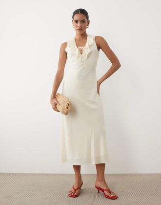 Mango Maxikleid ohne &Auml;rmel mit Volantdetail in Pastellgelb