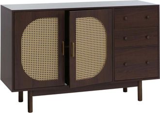 Hhg Buffet HHG-909, armoire, commode, buffet haut, tiroirs, compartiments de rangement, polyrotin, MDF m&eacute;lamin&eacute;, 80 x 120 x 40 cm, aspect noyer