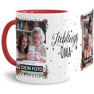Tassendruck Tasse - Lieblings-Oma - zum selbst Gestalten mit zwei Fotos - personalisierbare Fototasse f&uuml;r Oma aus Keramik, Innen & Henkel Rot, 300 ml