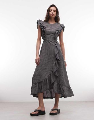 Daisy Street Robe longue &agrave; rayures et volants avec dos ouvert - Gris