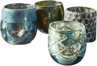 Loberon Windlicht Set Blau Grün Marine - Mundgeblasenes Glas - Deko Herbst & Winter - 4 Windlichter In Unterschiedlichen Größen