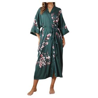 Generic Luxueux Peignoir Kimono en Satin Floral pour Femmes - Sensation Fra&icirc;che, Manches 3/4, Long, Robe de Nuit D&eacute;contract&eacute;e pour la Maison, Peignoir de Bain