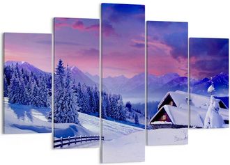 Arttor Bilder auf Leinwand 150x100cm Leinwandbild Winter Landschaft Frost Schnee Gro&szlig; XXL Wanddeko Bild Schlafzimmer Set 5 teilige Wandbilder Dekoration Wohn