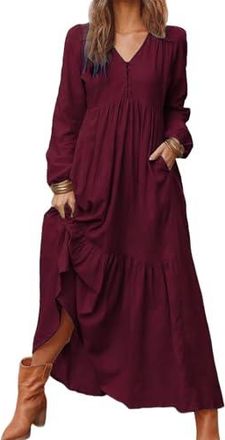 Generic Robe longue dété décontractée en lin plissé, manches longues, col en V, volants plissés avec poches, jupe longue pour femme, bordeaux, 3XL