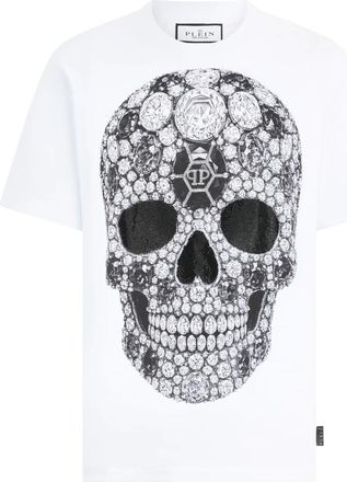 Philipp Plein Homme, Tops, Blanc, Taille: XL T-Shirt Col Rond T&ecirc;te de Mort Pierres