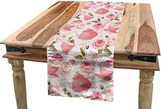 Abakuhaus Fleur Chemin de Table, Tasses à Thé Vintage Roses, Rectangulaire Décoratif pour Salle à Manger, 40 cm x 180 cm, Vert fougère Rose Clair