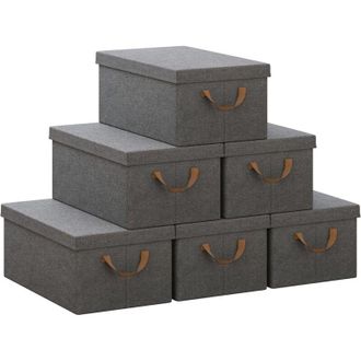 Woltu 6er Aufbewahrungsbox mit Deckel Faltbare Stoffbox mit Griff 27L Aufbewahrungsw&uuml;rfel Ordnungsboxen Kisten f&uuml;r Kleidung B&uuml;cher Grau, 48x29x27 cm - Woltu