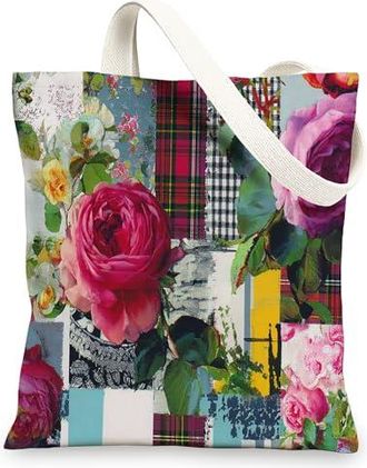 Generic Sacs fourre-tout en toile florale, motif patchwork coloré, sacs à provisions réutilisables, style vintage chic, léger, lavable à lépaule, coloré, 13x1