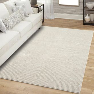 Carpet City Teppich Kurzflor Wohnzimmer - Beige - 120x170 cm Rechteckig - Geometrisch, Gestreift - 3D-Effekt - Moderne Teppiche Flachflor Schlafzimmer, Esszimmer