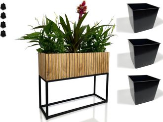 FlexiStyle Pflanzenständer LOFT FIORINO Metall Eiche Holz Lamelle Blumenständer Schwarz Blumentopf mit Beinen Hohe Blumentöpfe Loft Style viele Dimensionen Made 