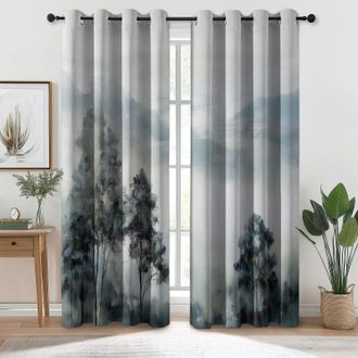 Generic 100% Blickdicht Verdunkelungsvorhänge Chinesischer Stil Landschaft Nebliger Wald H 145 X B 140 cm (2Er Pack), Thermo-Ösen Vorhänge Für Schlafzimmer Wo