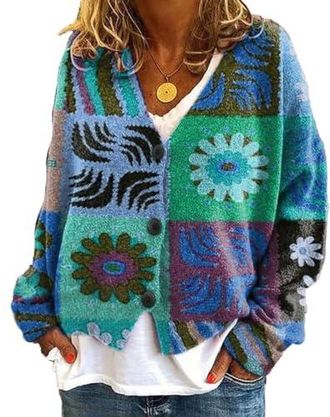 Onsoyours Gilets en Tricot Imprimé Femme Veste Courte Casual Cardigan Coupe Ample À Manches Longues Gilet Chaud avec Boutons Sweater Manteau Outwear Haut Top Ch