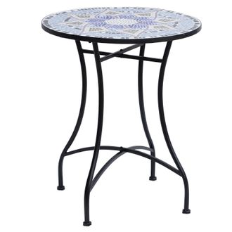 OUTSUNNY Gartentisch Mosaiktisch Balkontisch Beistelltisch Seviertisch rund Stahl + Keramik Blau + Wei&szlig; &Oslash;60 x H71 cm